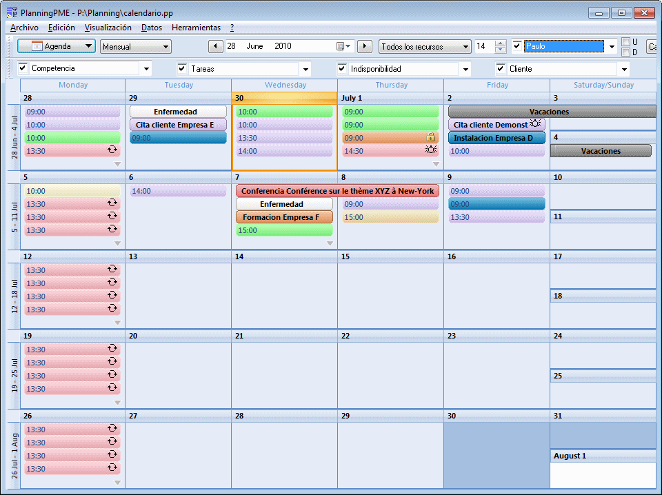 Elige la vista agenda en su programa de planificación PlanningPME