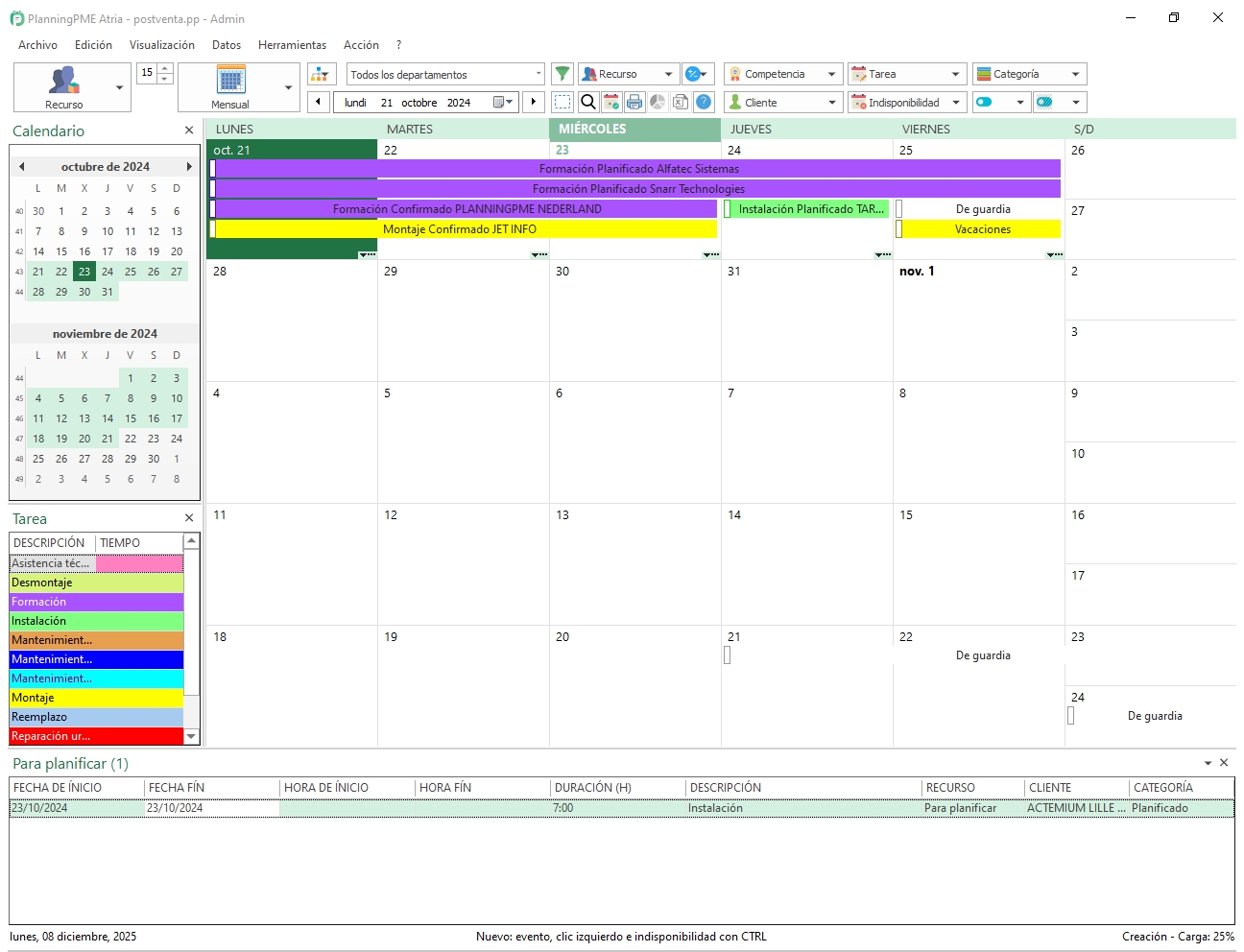Elige la vista agenda en su programa de planificación PlanningPME